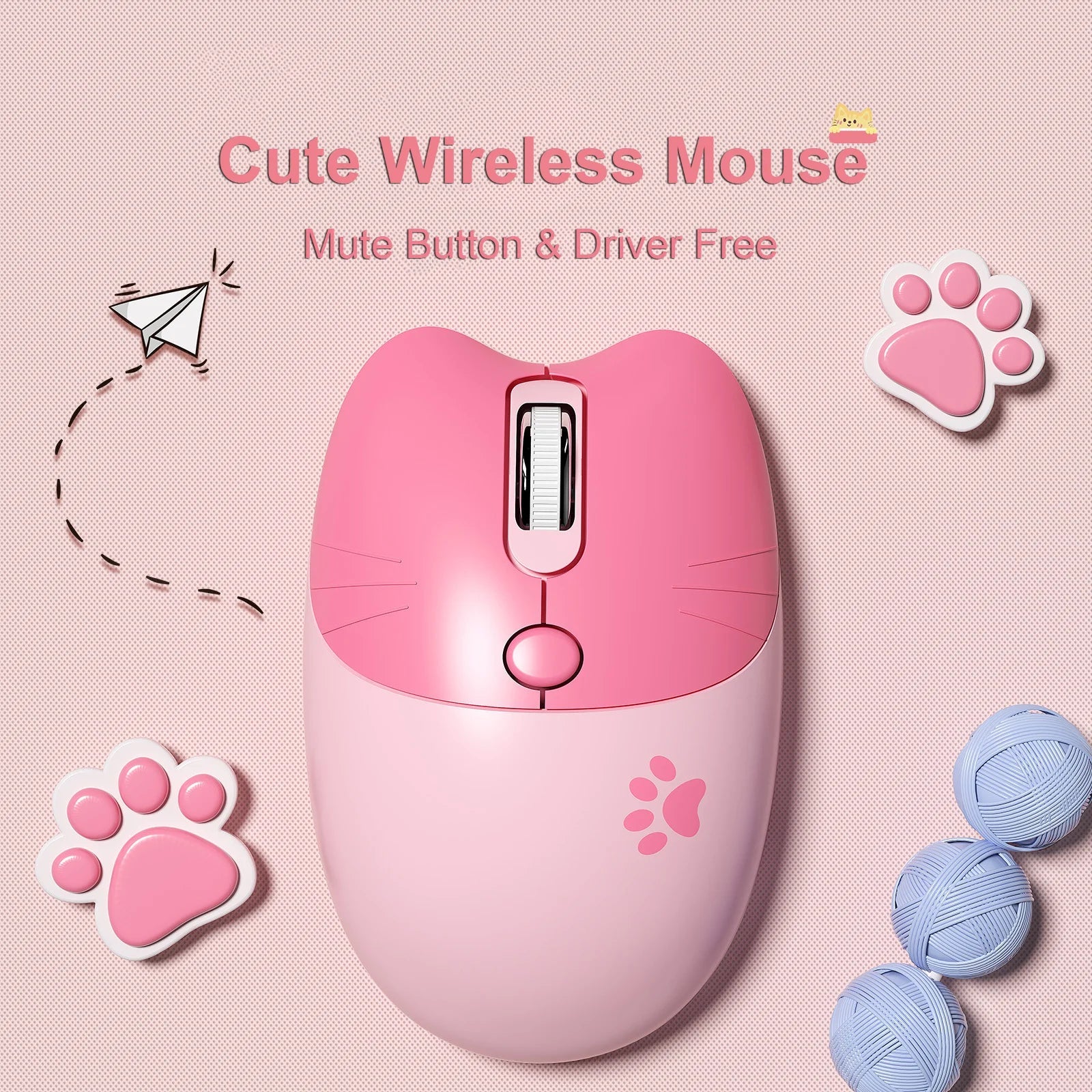 Pink Wireless Cute Meow Mouse - Ergonomic & Silent Design – SS69